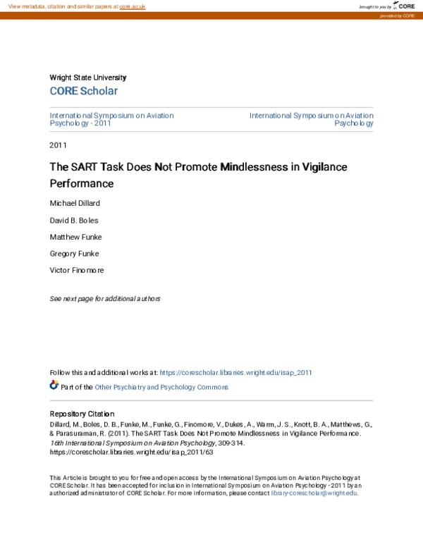 (PDF) The SART Task Does Not Promote Mindlessness in Vigilance Performance