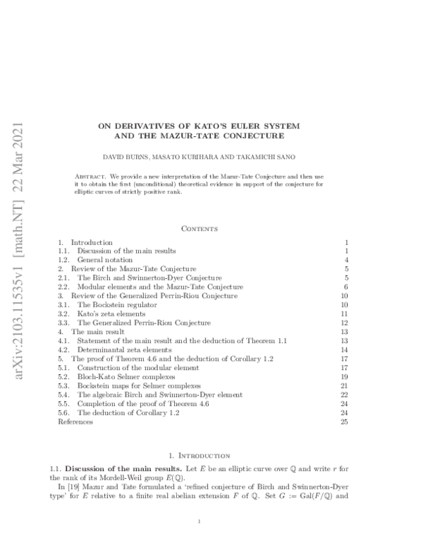 (PDF) On derivatives of Kato's Euler system and the Mazur-Tate Conjecture