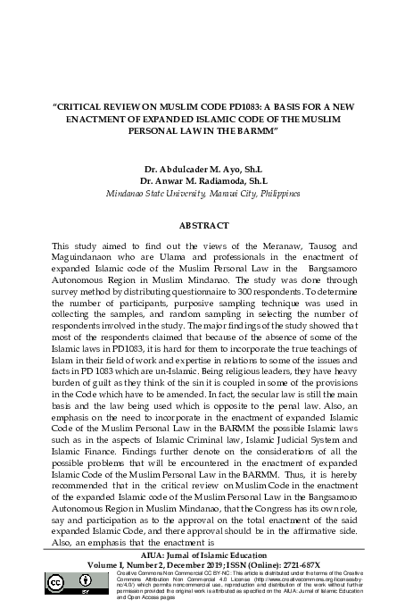 (PDF) Critical Review On Muslim Code Pd1083: A Basis For A New ...