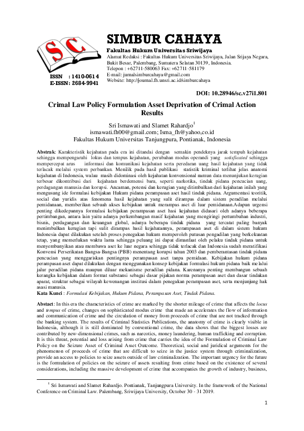 (PDF) Crimal Law Policy Formulation Asset Deprivation of Crimal Action Results | Sri Ismawati ...