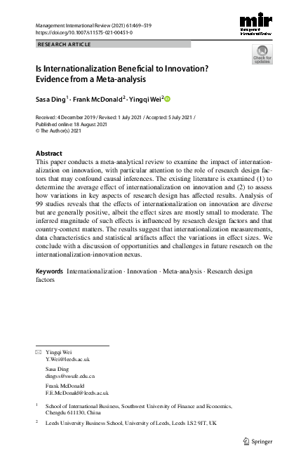 (PDF) Is Internationalization Beneficial to Innovation? Evidence from a Meta-analysis