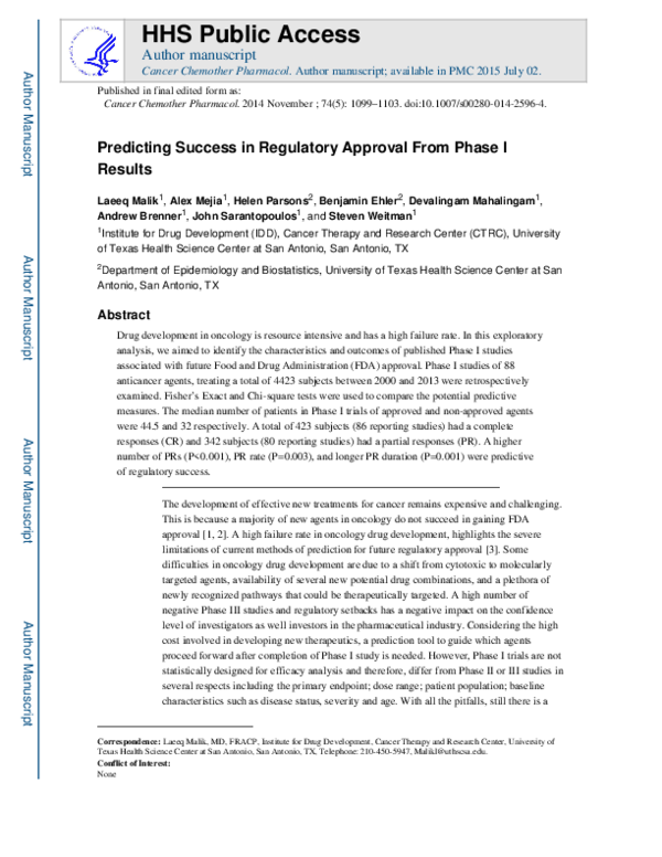 (PDF) Predicting success in regulatory approval from Phase I results
