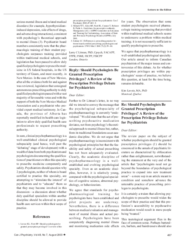 (PDF) Re: Should psychologists be granted prescription privileges? A ...