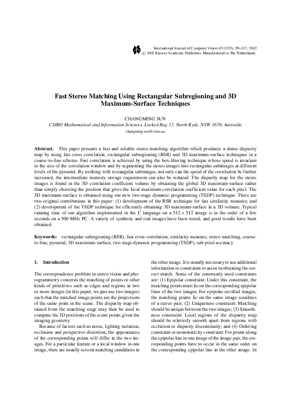 Pdf Fast Stereo Matching Using Rectangular Subregioning And 3d Maximum Surface Techniques