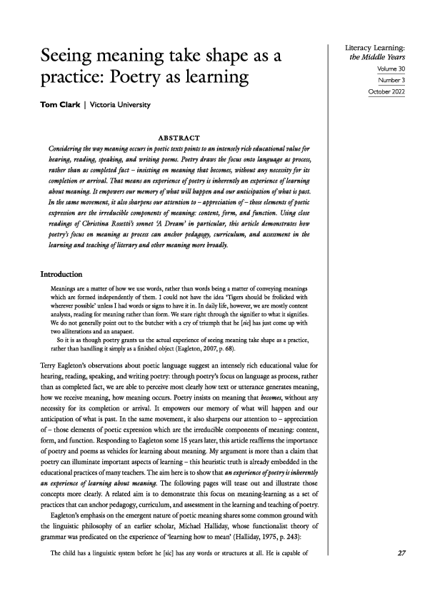 (PDF) Seeing meaning take shape as a practice : Poetry as learning