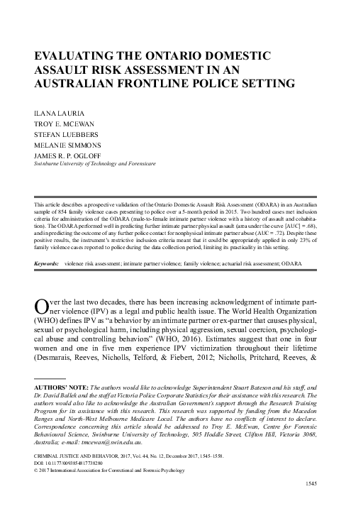 (PDF) Evaluating the Ontario Domestic Assault Risk Assessment in an ...