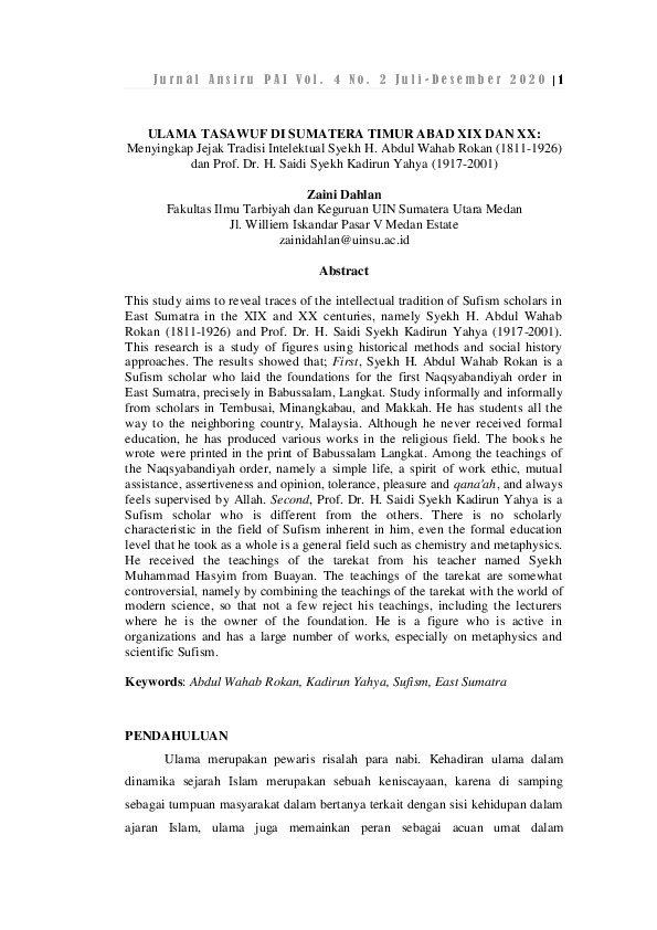 (PDF) ULAMA TASAWUF DI SUMATERA TIMUR ABAD XIX DAN XX: Menyingkap Jejak Tradisi Intelektual ...