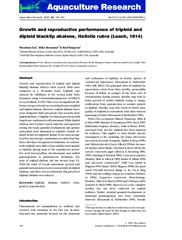 (PDF) Growth and reproductive performance of triploid and diploid blacklip abalone,Haliotis ...