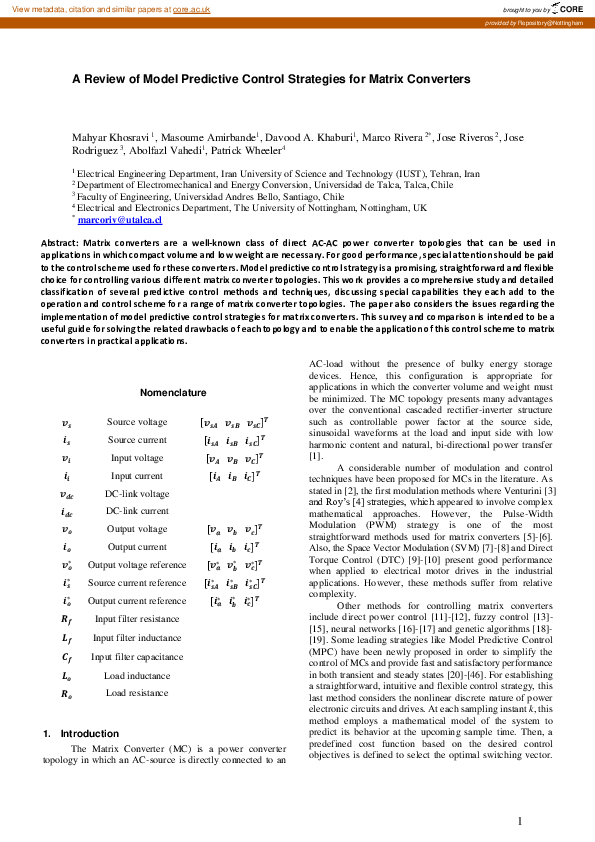 (PDF) Review of model predictive control strategies for matrix converters