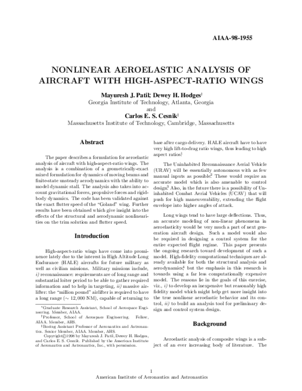(PDF) Nonlinear aeroelastic analysis of aircraft with high-aspect-ratio wings