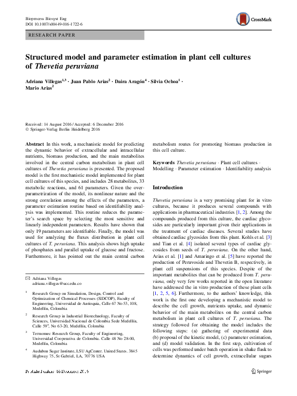 (PDF) Structured model and parameter estimation in plant cell cultures of Thevetia peruviana ...