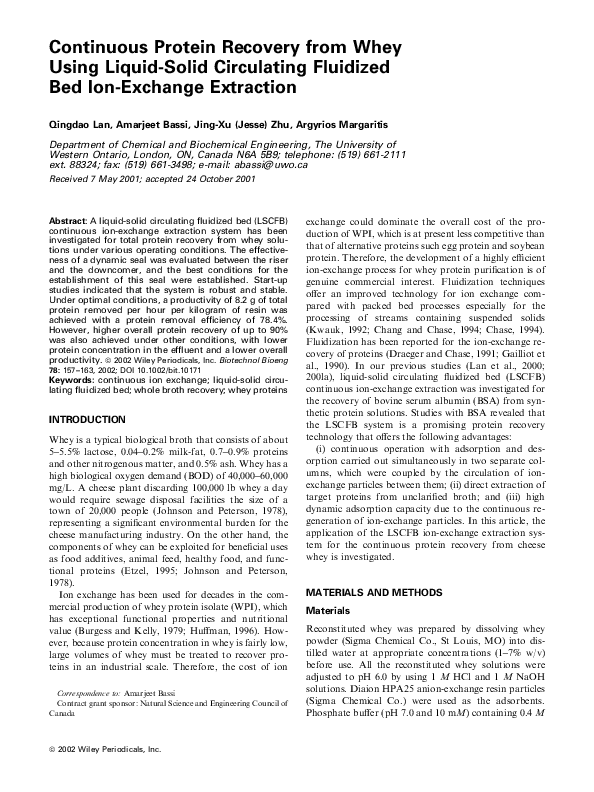 (PDF) Continuous protein recovery from whey using liquid-solid circulating fluidized bed ion ...