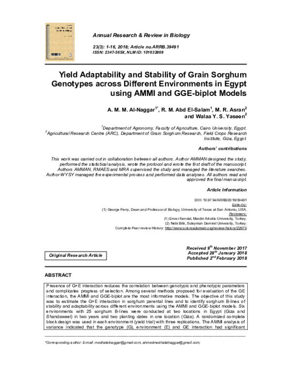 (PDF) Yield Adaptability and Stability of Grain Sorghum Genotypes across Different Environments ...
