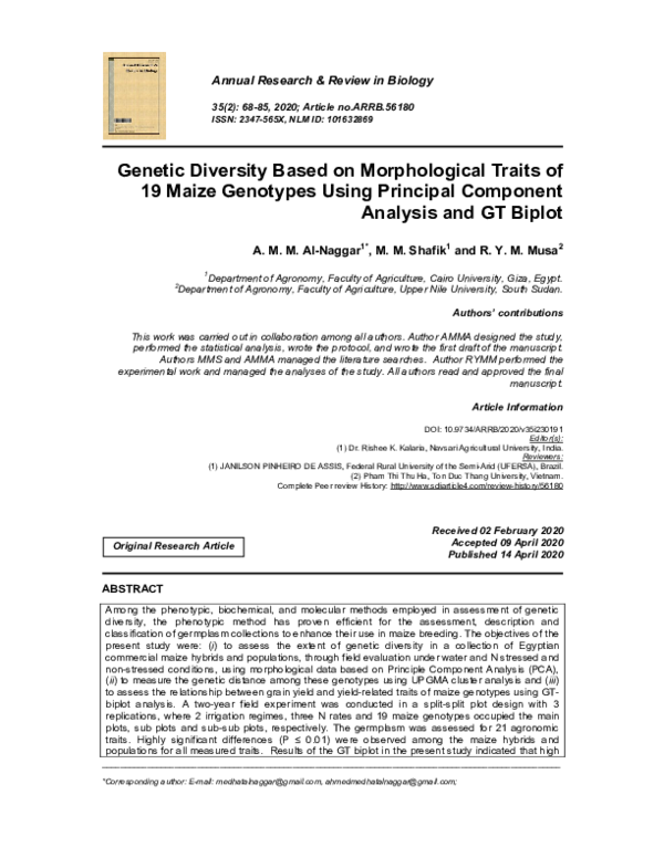 (PDF) Genetic Diversity Based on Morphological Traits of 19 Maize Genotypes Using Principal ...
