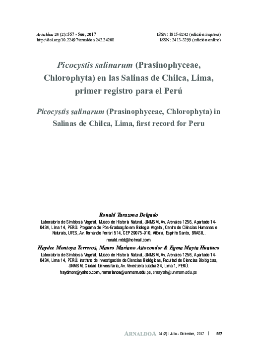 (PDF) Picocystis salinarum (Prasinophyceae, Chlorophyta) en las Salinas de Chilca, Lima, primer ...