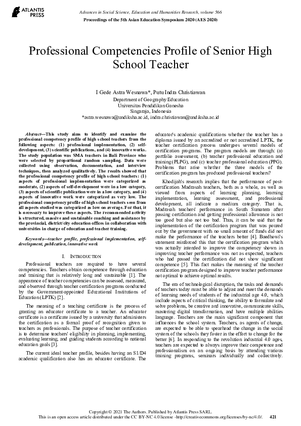 (PDF) Professional Competencies Profile of Senior High School Teacher