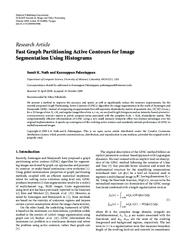 (PDF) Fast Graph Partitioning Active Contours for Image Segmentation Using Histograms