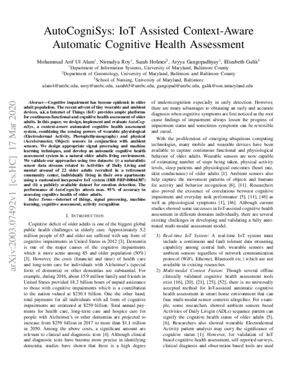 (PDF) AutoCogniSys: IoT Assisted Context-Aware Automatic Cognitive Health Assessment