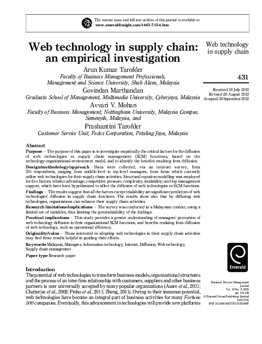 Pdf Web Technology In Supply Chain An Empirical Investigation Avvari Mohan