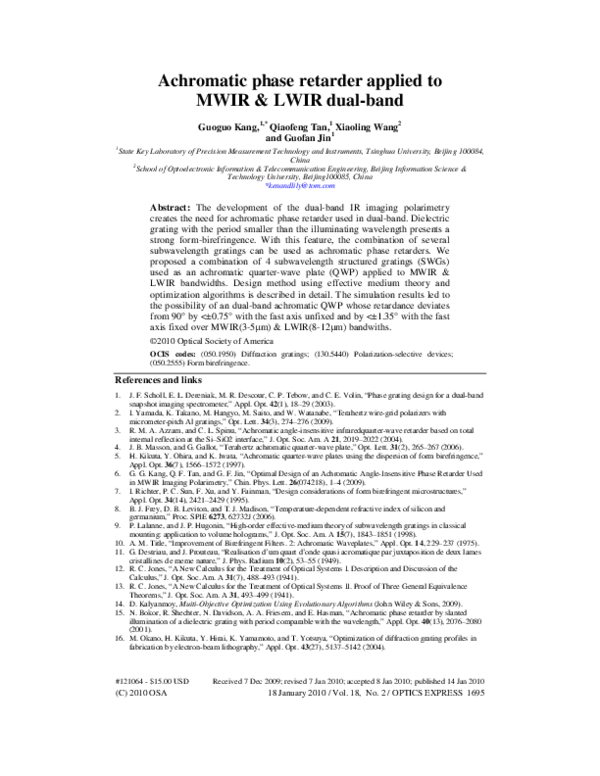 (PDF) Achromatic phase retarder applied to MWIR & LWIR dual-band