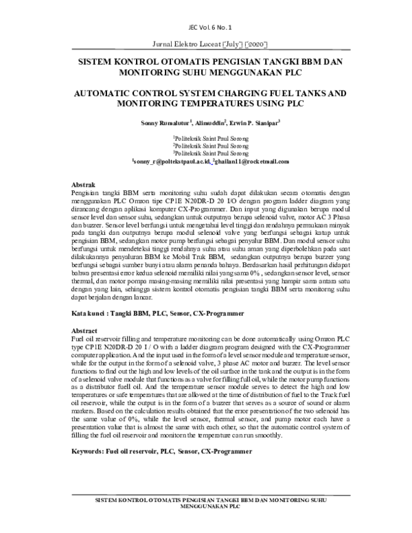 (PDF) Automatic Control System Charging Fuel Tanks and Monitoring Temperatures Using PLC