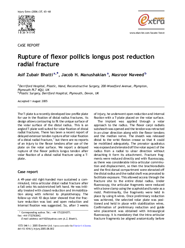 (PDF) Rupture of flexor pollicis longus post reduction radial fracture