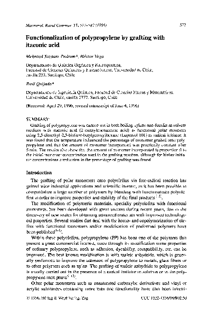 (PDF) Functionalization of polypropylene by grafting with itaconic acid