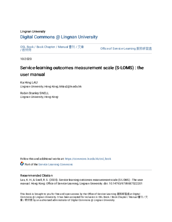 (PDF) Service-learning outcomes measurement scale (S-LOMS) : the user ...