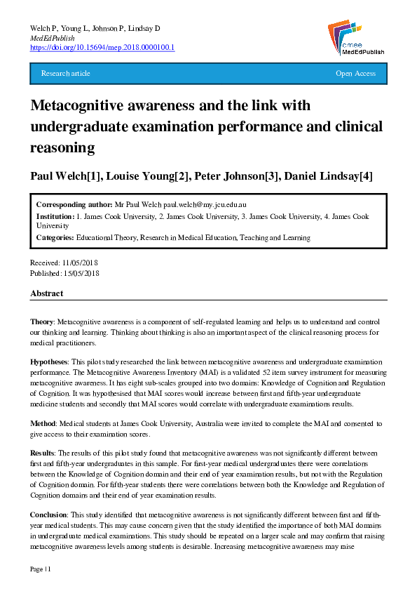Pdf Metacognitive Awareness And The Link With Undergraduate Examination Performance And