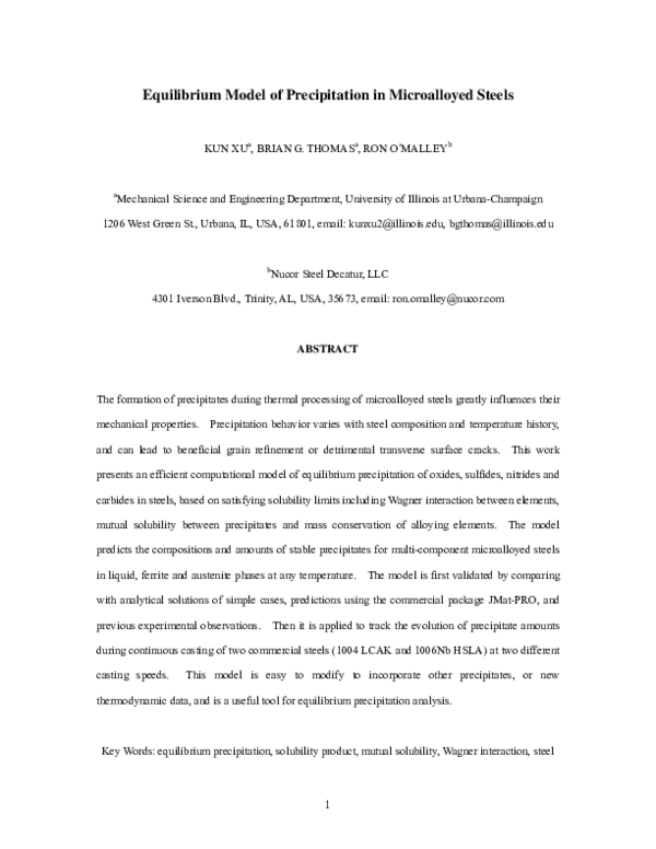 (PDF) Equilibrium Model of Precipitation in Microalloyed Steels