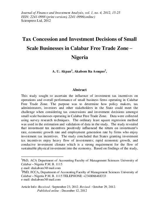 (PDF) Tax Concession and Investment Decisions of Small Scale Businesses ...