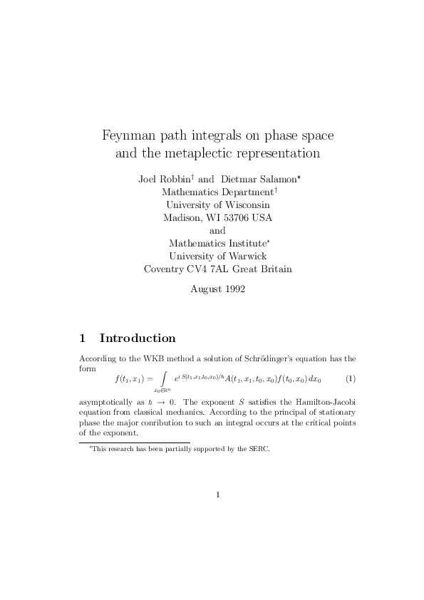 (PDF) Feynman path integrals on phase space and the metaplectic representation