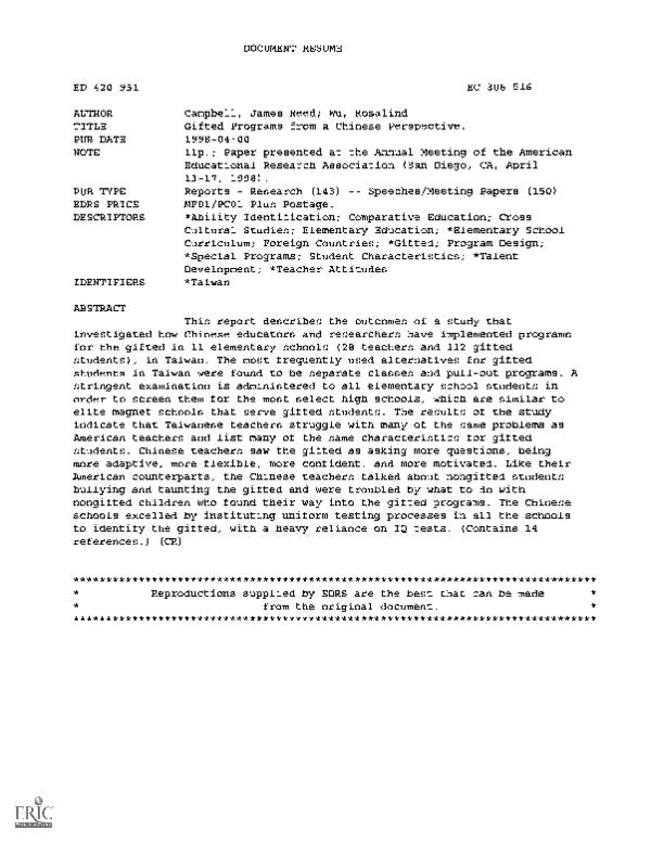 (PDF) Gifted Programs from a Chinese Perspective