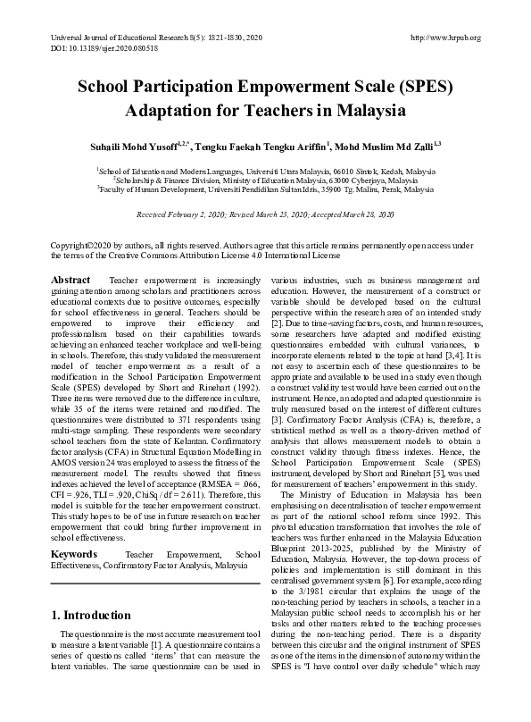 (PDF) School Participation Empowerment Scale (SPES) Adaptation for ...