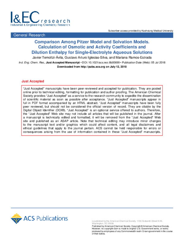 (PDF) Comparison Among Pitzer Model and Solvation Models. Calculation ...