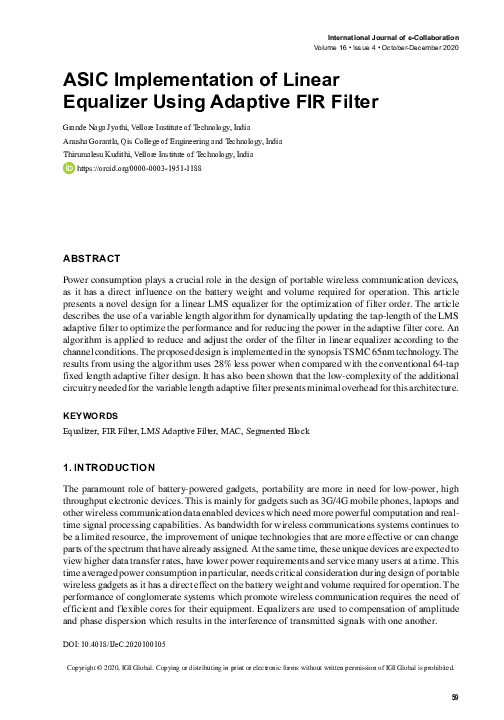 Pdf Asic Implementation Of Linear Equalizer Using Adaptive Fir Filter Anusha Gorantla 8815
