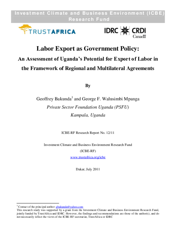 (PDF) Labor Export as Government Policy: An Assessment of Uganda’s ...