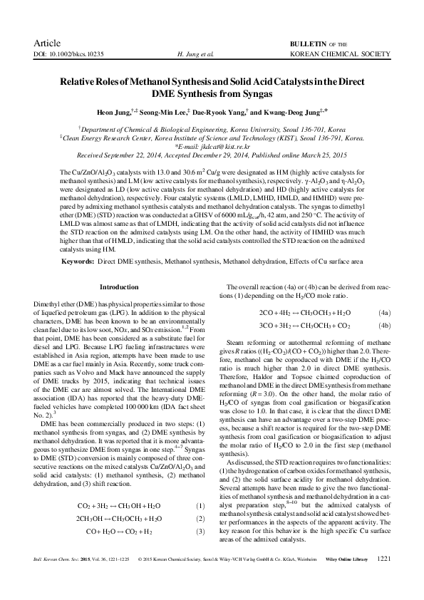 (PDF) Relative Roles of Methanol Synthesis and Solid Acid Catalysts in the Direct DME Synthesis ...