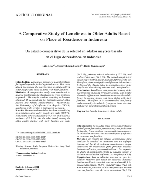 (PDF) A Comparative Study of Loneliness in Older Adults Based on Place ...