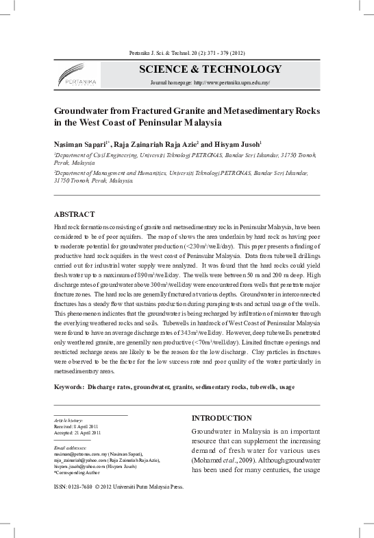 (PDF) Groundwater from fractured Granite and Metasedimentary Rocks in ...