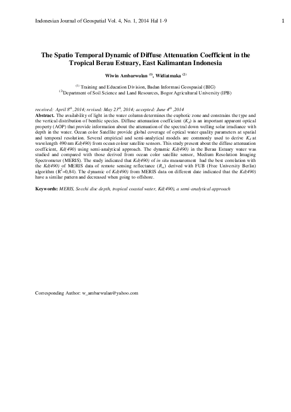 (PDF) The Spatio Temporal Dynamic of Diffuse Attenuation Coefficient in the Tropical Berau ...
