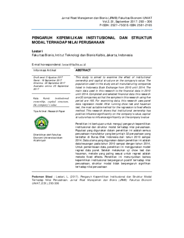 (PDF) Pengaruh Kepemilikan Institusional Dan Struktur Modal Terhadap Nilai Perusahaan
