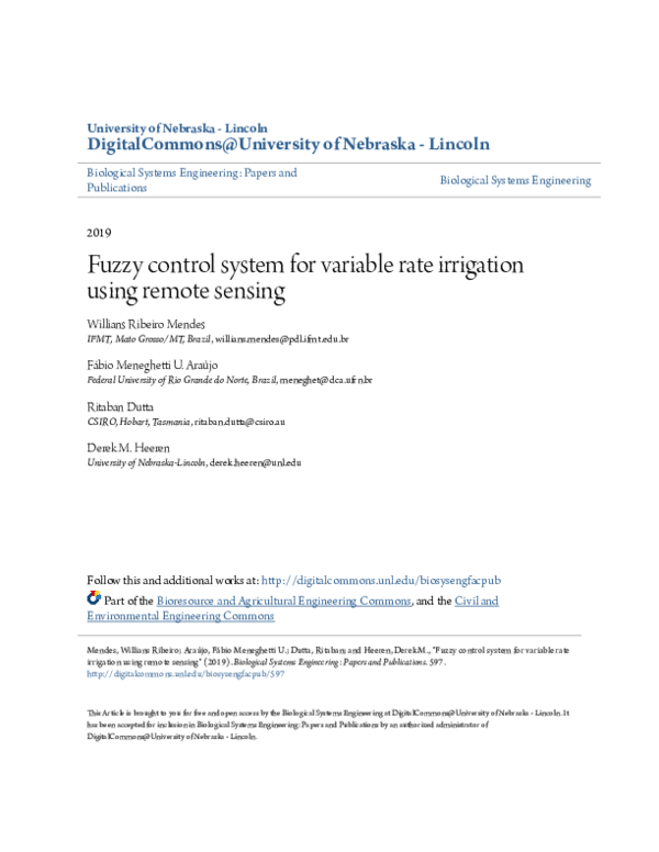 (PDF) Fuzzy control system for variable rate irrigation using remote ...