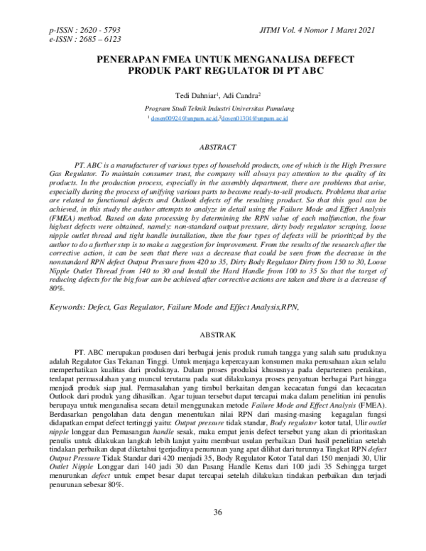 (PDF) Penerapan Fmea Untuk Menganalisa Defect Produk Part Regulator DI ...