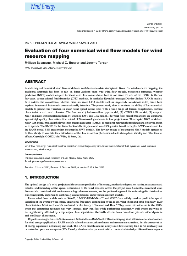 (PDF) Evaluation of four numerical wind flow models for wind resource mapping