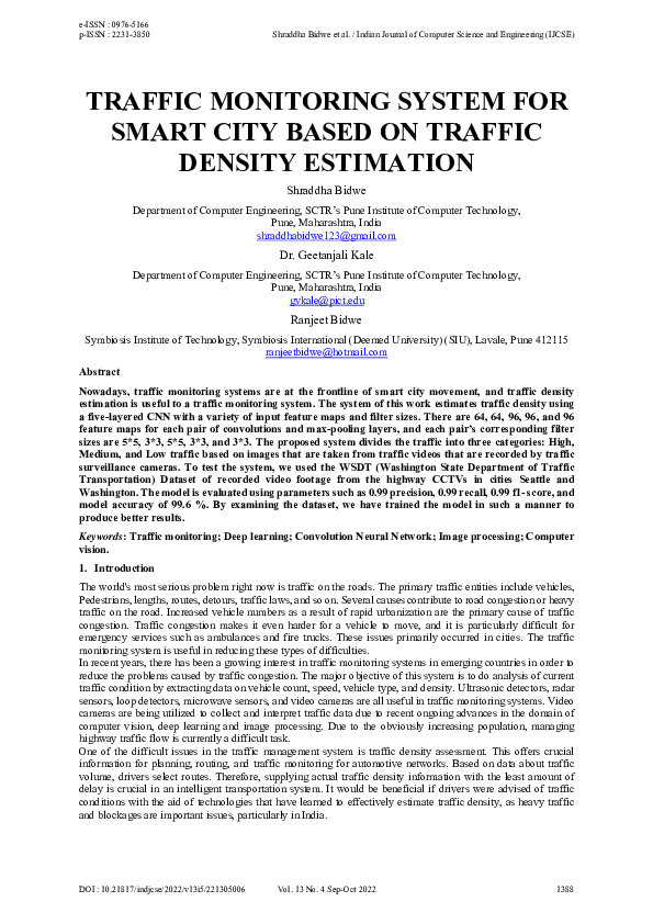 (PDF) TRAFFIC MONITORING SYSTEM FOR SMART CITY BASED ON TRAFFIC DENSITY ESTIMATION