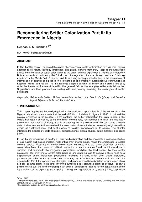 (PDF) Reconnoitering Settler Colonization Part II: Its Emergence in Nigeria
