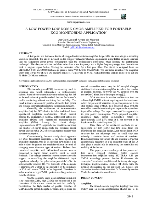 (PDF) A Low Power Low Noise Cmos Amplifier for Portable Ecg Monitoring Application