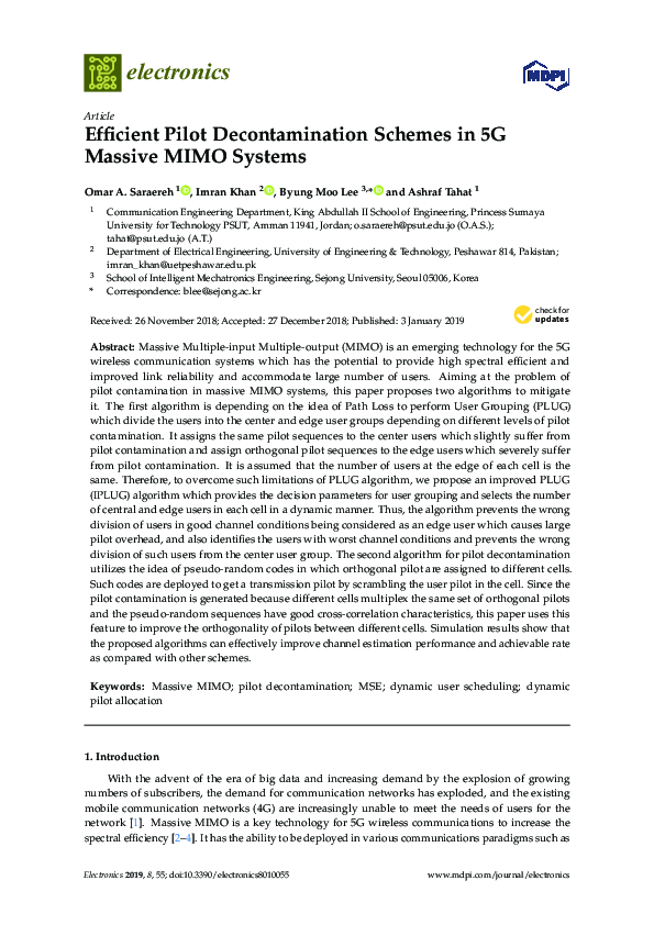 (PDF) Efficient Pilot Decontamination Schemes in 5G Massive MIMO Systems | Omar Saraereh ...