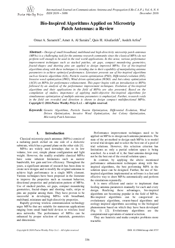 (PDF) Bio-Inspired Algorithms Applied on Microstrip Patch Antennas: a Review
